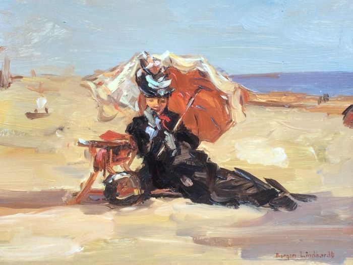 Borgen Lindhardt | Dame met parasol aan het strand | MutualArt