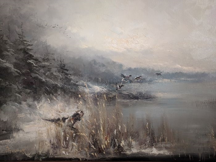 Jan Bévort | Boslandschap met een jachthond en vliegende eenden | MutualArt