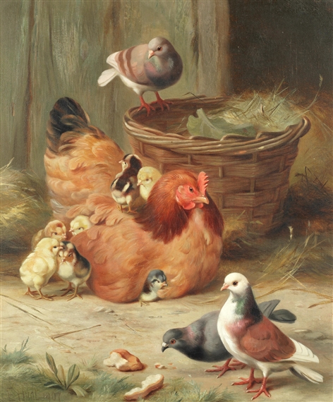Edgar Hunt | A Rhode Island red and her chicks with three pigeons (1907 ...