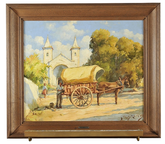 Carlos Augusto Ramos | Figures and mule cart in front of the church ...