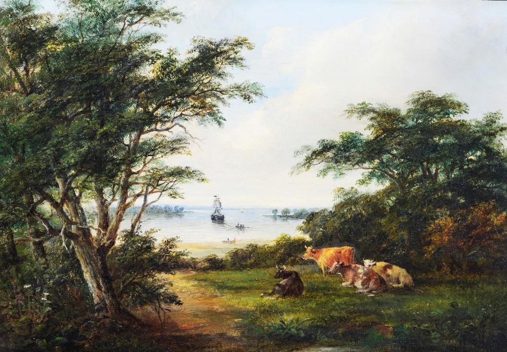 Robert Burrows | Cattle resting by trees with distant ship approaching ...