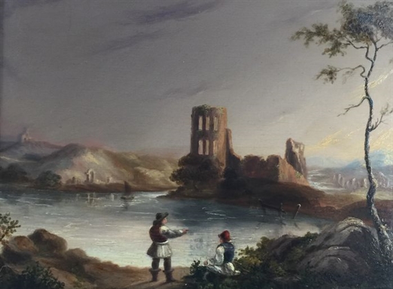 George Barrell Willcock | Figures overlooking a ruin by a lake | MutualArt