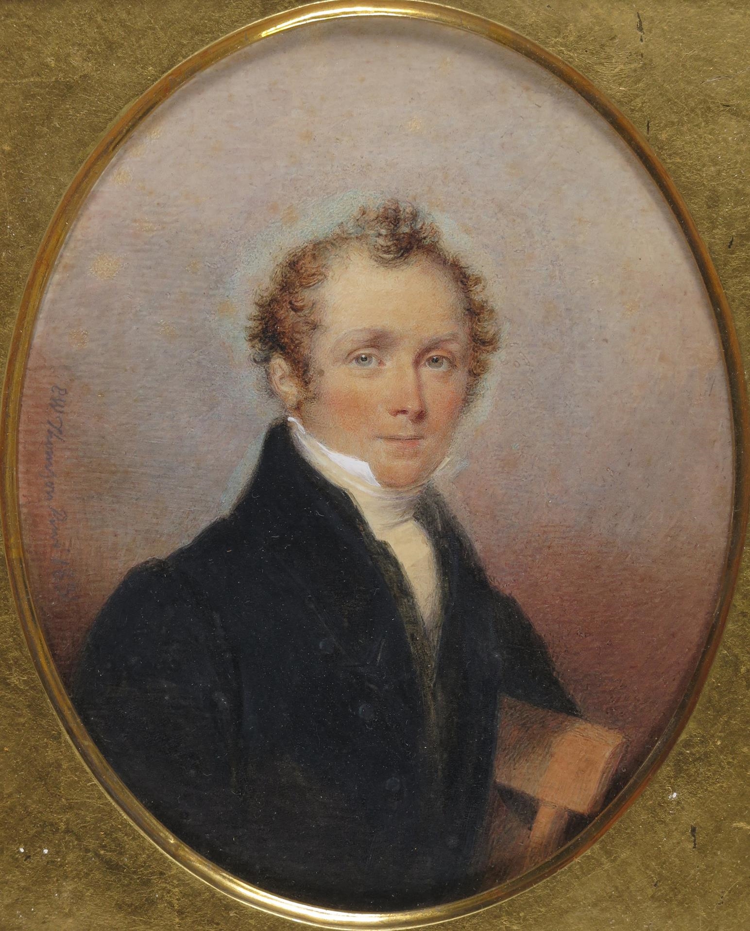 E. Thompson | Portrait miniatures of a gentleman, seated wearing black ...