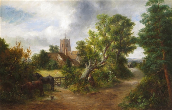 John Constable | Wayfarers by a rural church in Suffolk | MutualArt