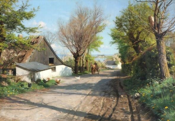 Peder Mork Monsted | Summer day with children playing behind a thatched farm (1924) | MutualArt