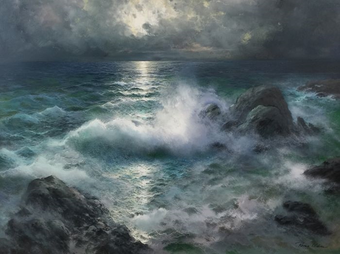 Remo Aldini | Waves on the rocks under moonlight | MutualArt