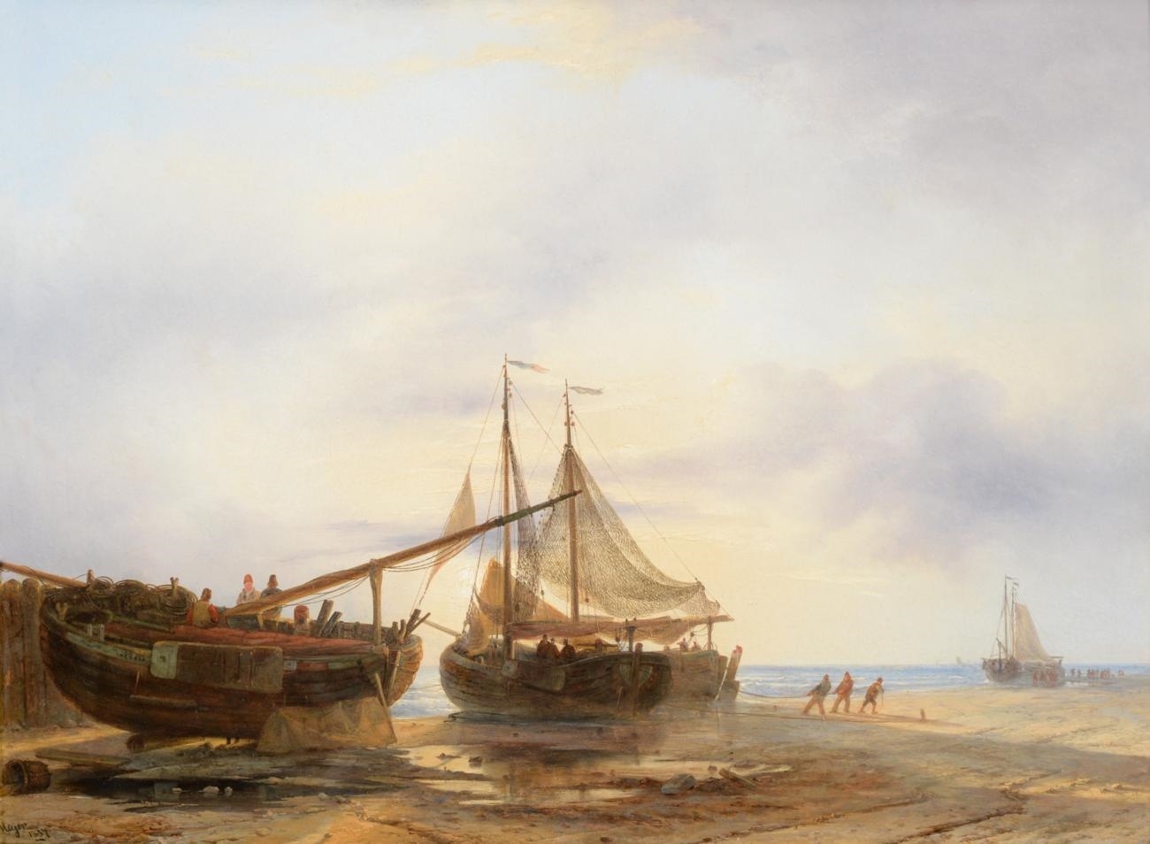 Johan Hendrik Louis Meijer | Drying Nets, Evening on the Coast of Holland (1837) | MutualArt