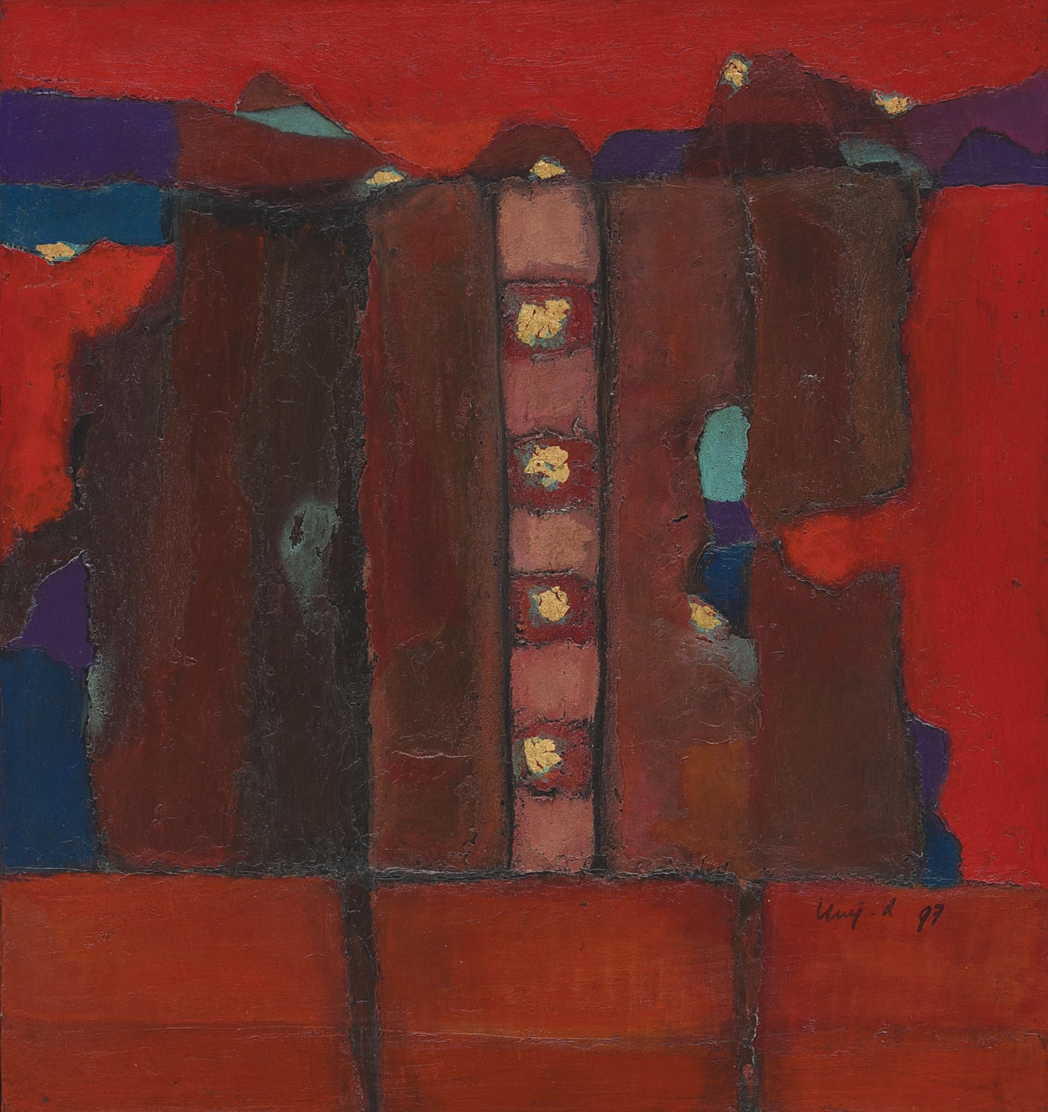 Umi Dachlan | Abstraksi Bidang Merah dan Bongkahan Emas, Ungu, Pirus ...