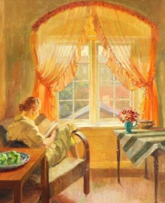 Robert Panitzsch | Interior with a reading woman in the sunlight by the ...