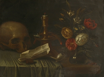 Hendrik Andriessen | A 'vanitas' with a skull, mixed flowers, an oil ...