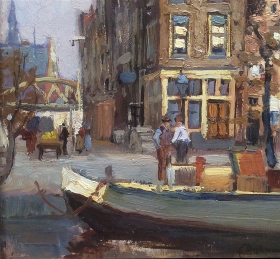 Christoffel Hendrik Dijkman | Stadsgezicht met figuren bij boot (1900 ...