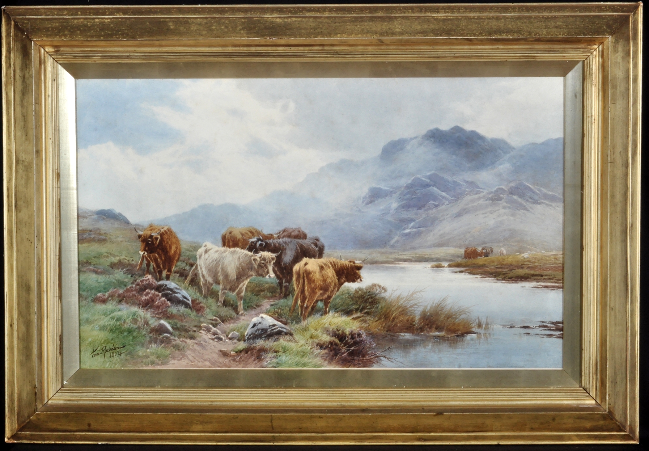 Thomas Rowden | Highland cattle by a loch (1904) | MutualArt