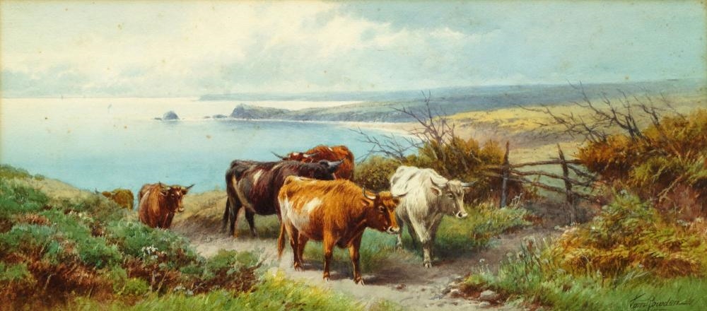 Thomas Rowden | Cattle on a path with a coastal view beyond | MutualArt