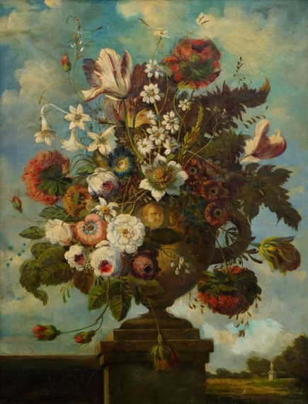 Wainwright John | Flowers in an urn with landscape beyond | MutualArt