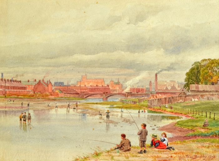 Thomas Bushby | Town Scene with Children Playing Near a River (1898 ...