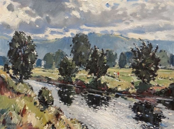 Edwin V. Forrest | Fine river Conwy scene with figures walking near the ...