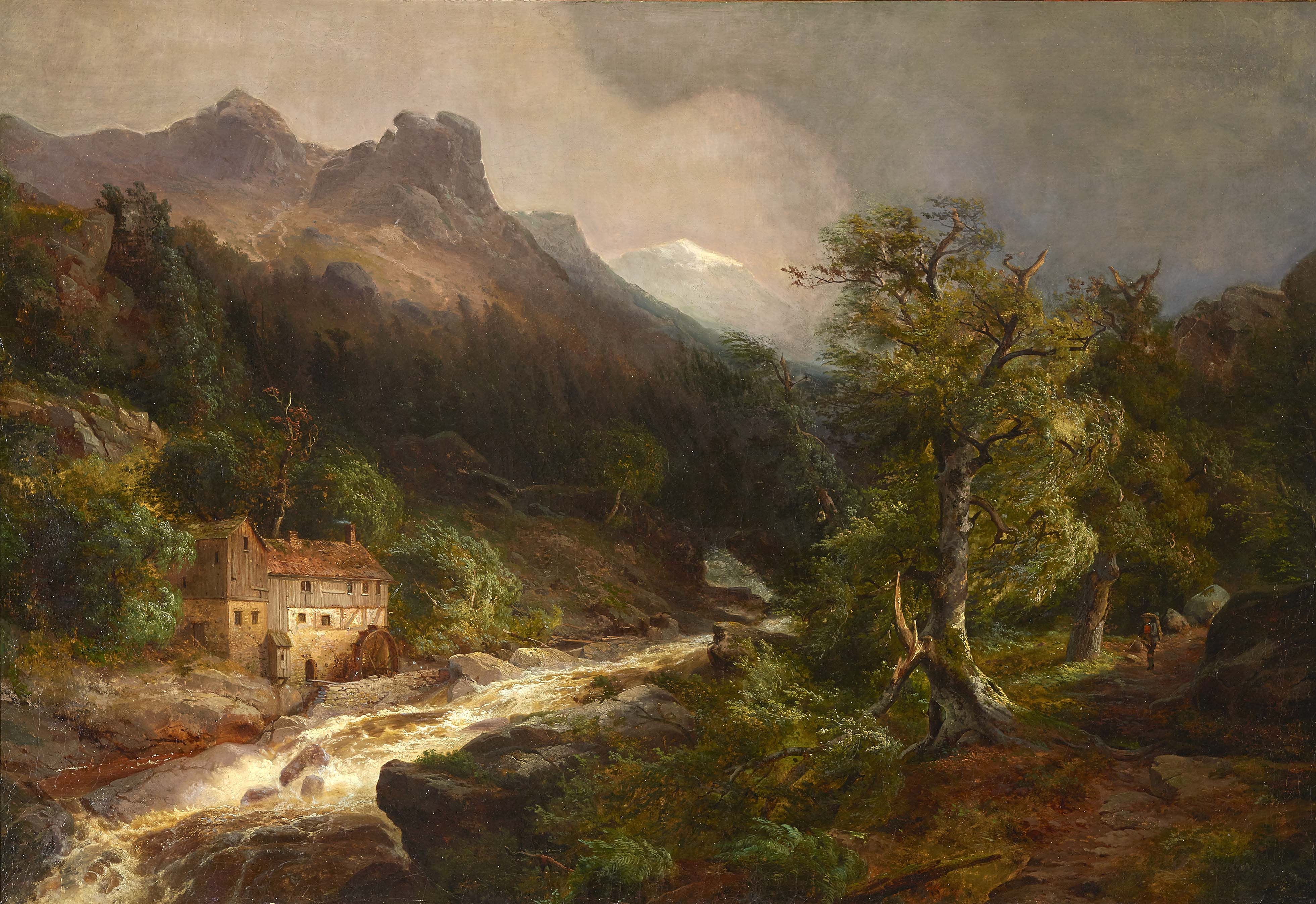 Andreas Achenbach | Swiss Mountain Mill by a Tumultuous Stream | MutualArt