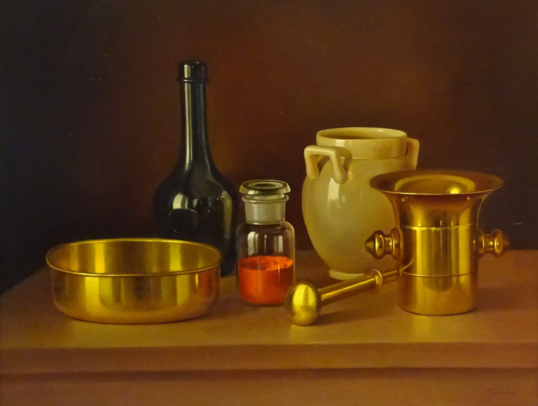 Andras Gombar | Still life of cherries in a bowl, blue glass bottle ...