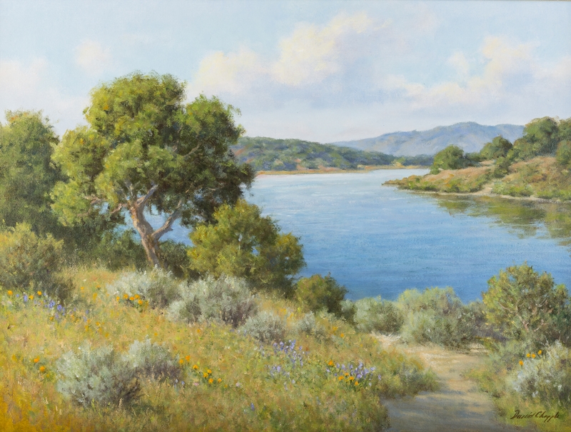 David Chapple | Lakeside, landscape with poppies and lupine | MutualArt