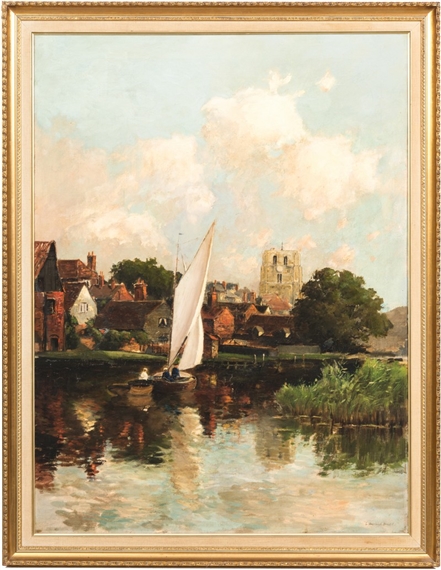 Louis Burleigh Bruhl | River scene, with a village beyond | MutualArt