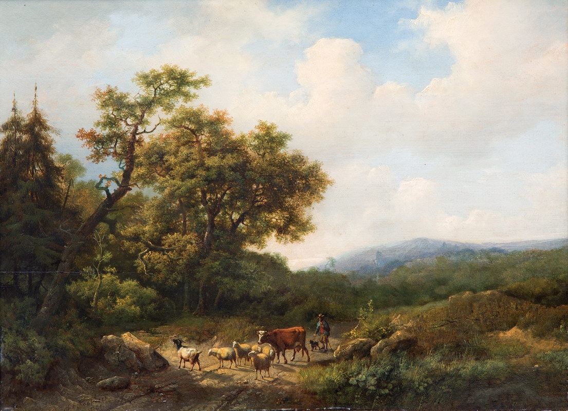 Marinus Adrianus Koekkoek | Uitgestrekt landschap met man en vee op een ...