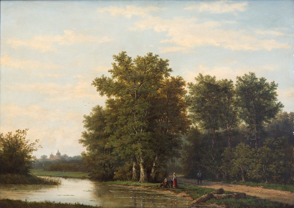 Marinus Adrianus Koekkoek | Landschap met vissers bij een beek | MutualArt
