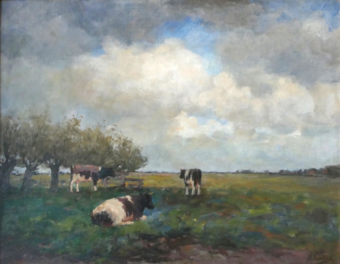 Jan Hillebrand Wijsmuller | Rustende koeien bij hek en knotwilgen (1890 - 1900) | MutualArt