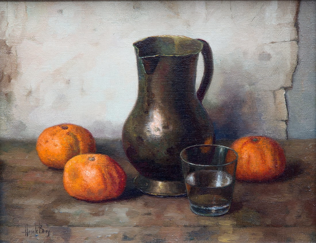 Henk Bos | Stilleven met tinnen kan en mandarijnen | MutualArt