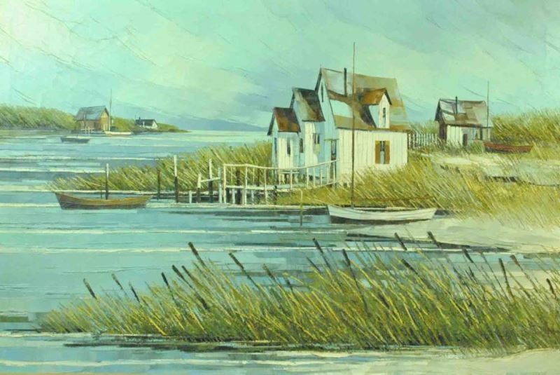 Albert Swayhoover | Cove with houses and boats | MutualArt