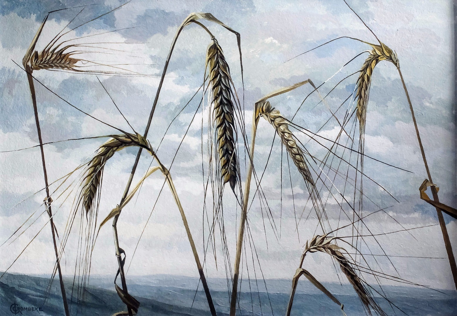 Cecile Crombeke | Six ears of rye with clouds to background | MutualArt