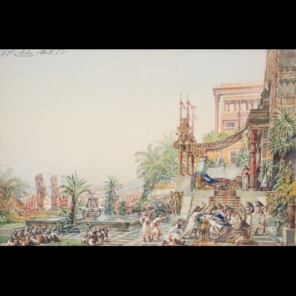 Angelo Parravicini | Stage set drawing depicting an Egyptian scene with ...