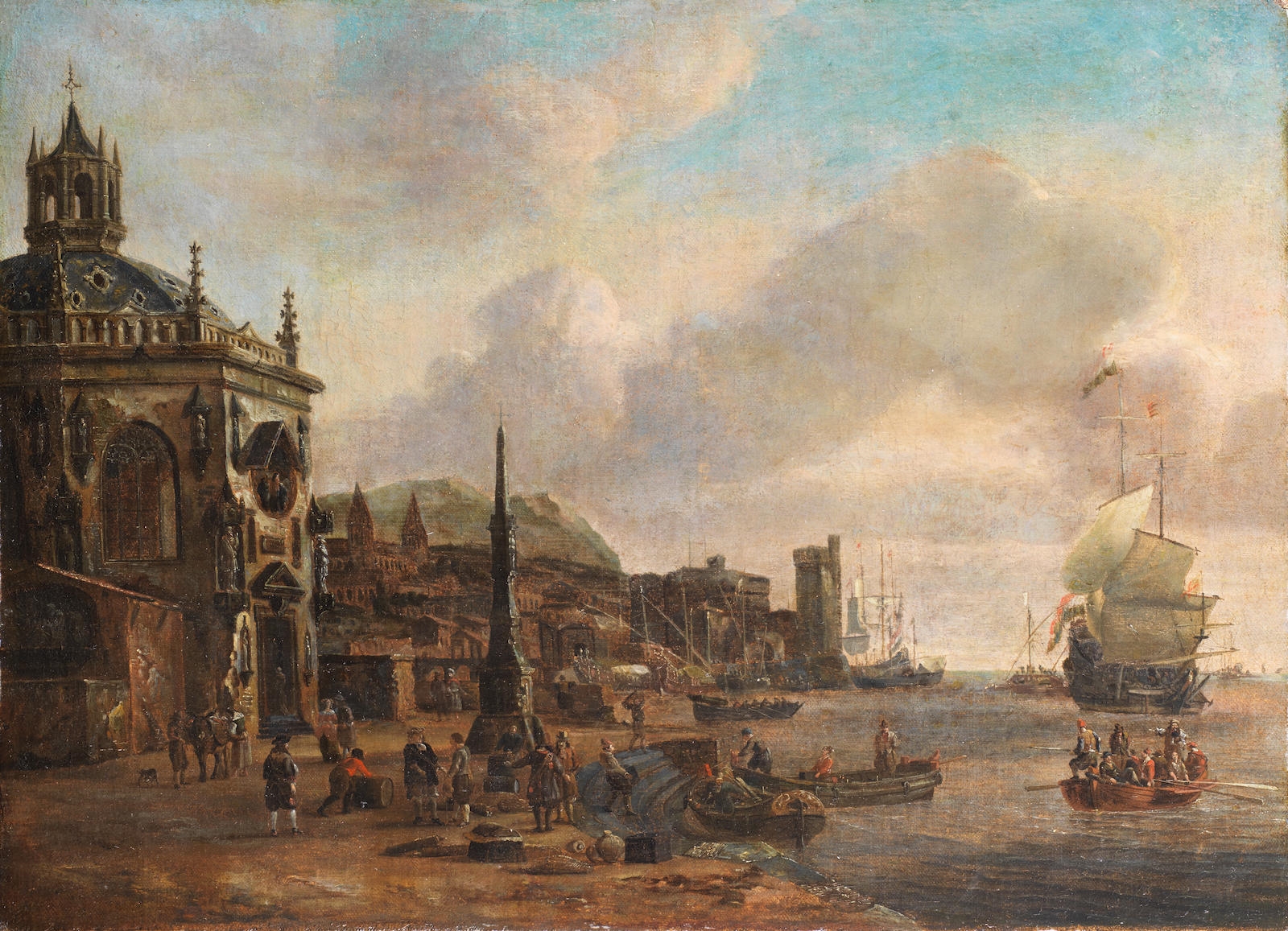 Johannes Storck | A harbour with figures loading barges in the ...