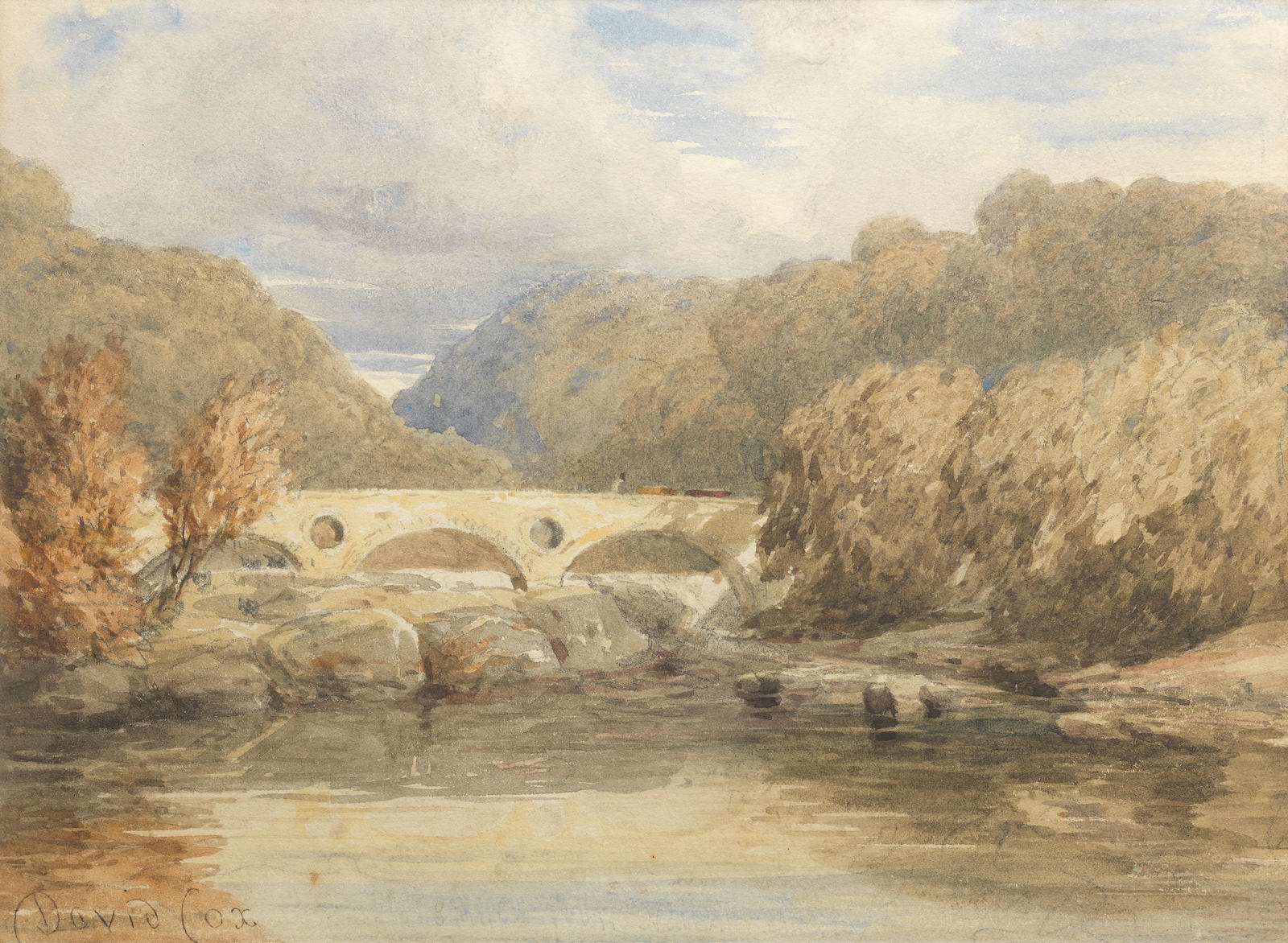 David Cox Sr. | A wooded river with a drover and cattle on a bridge ...
