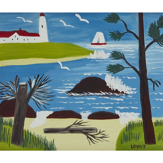 Maud Lewis | LIGHTHOUSE AND YACHT | MutualArt