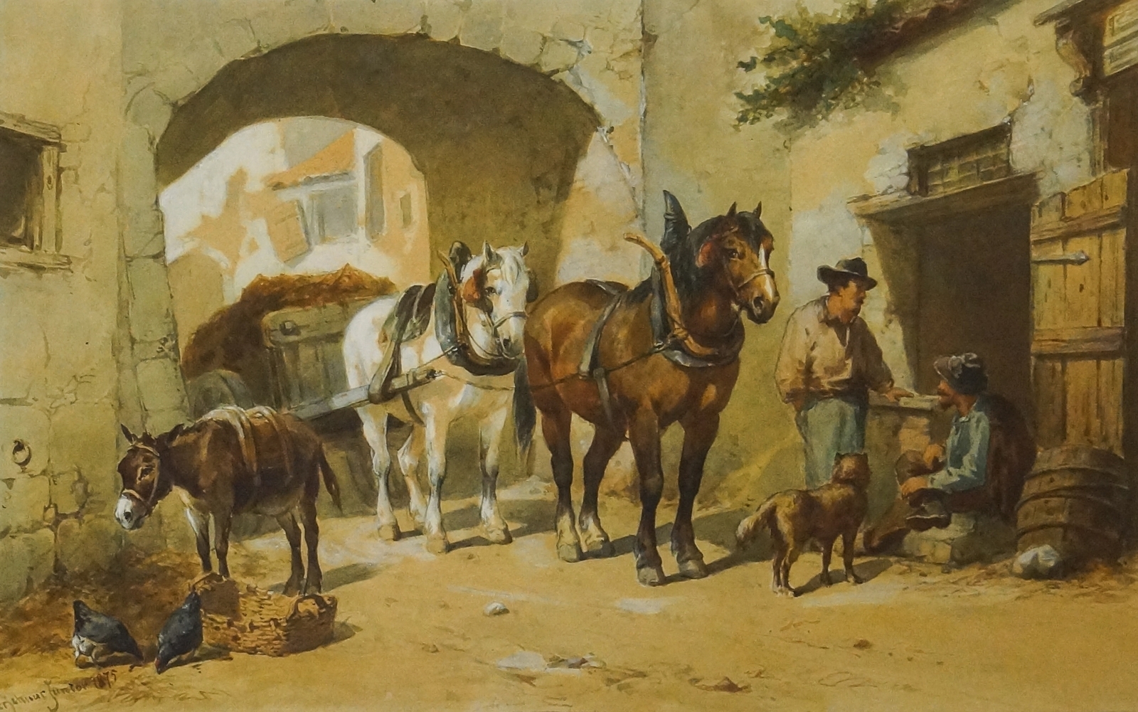 Wouter Verschuur TheYounger | Paardenkar met tweespan en ezel bij poort ...