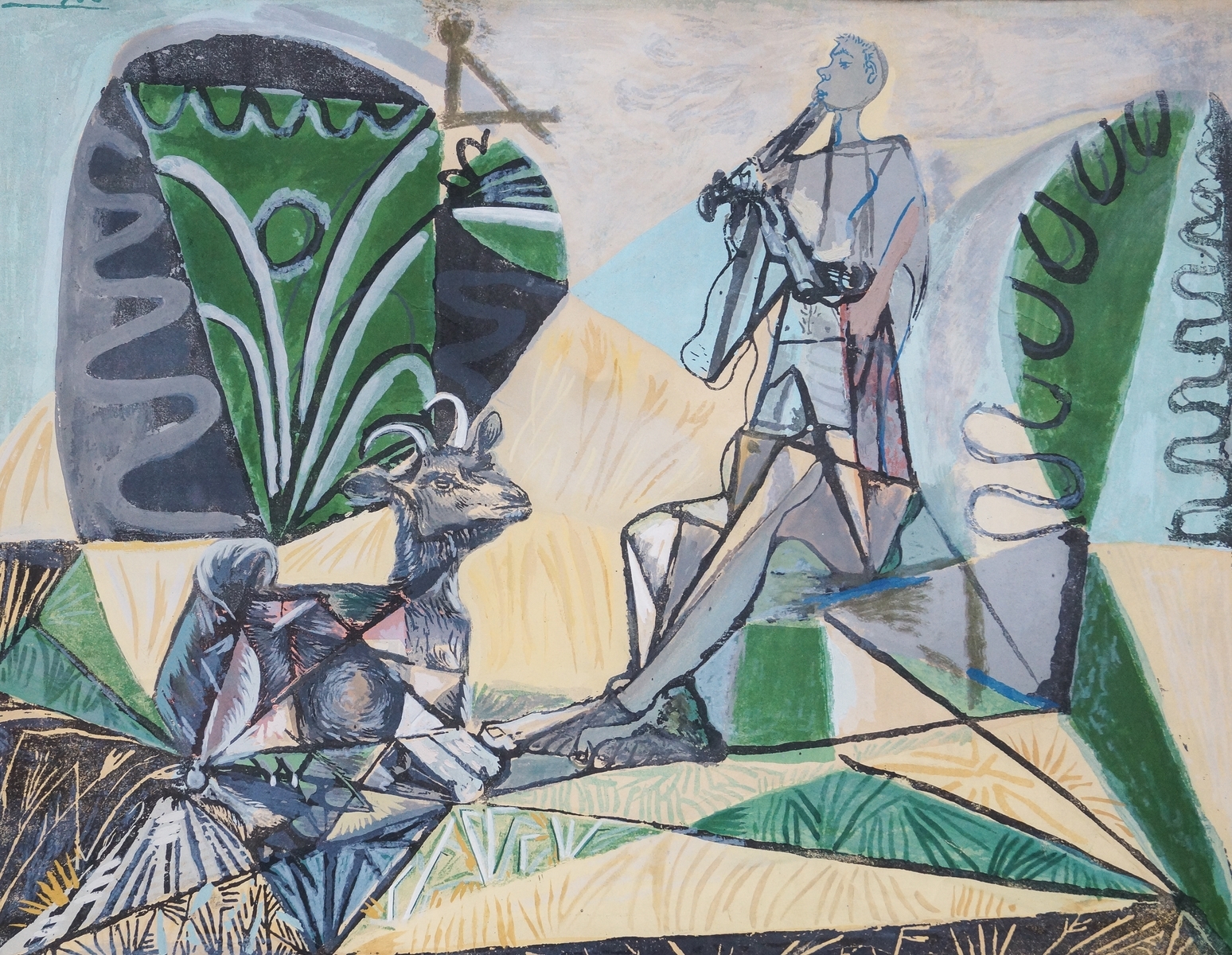 Pablo Picasso | Fluitspelende herder met ram in geabstraheerd landschap ...