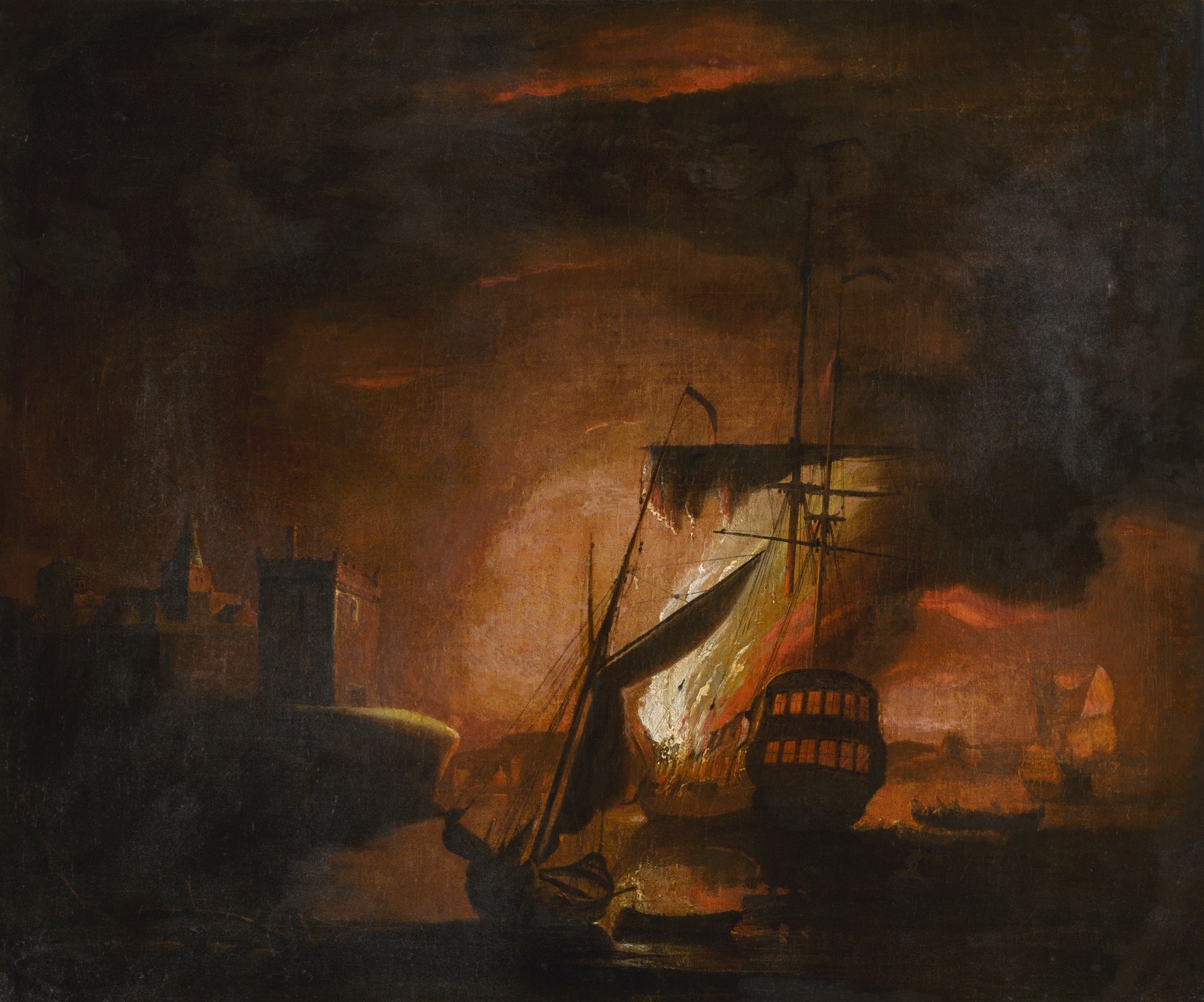 Peter Monamy | A SHIP ON FIRE AT NIGHT | MutualArt