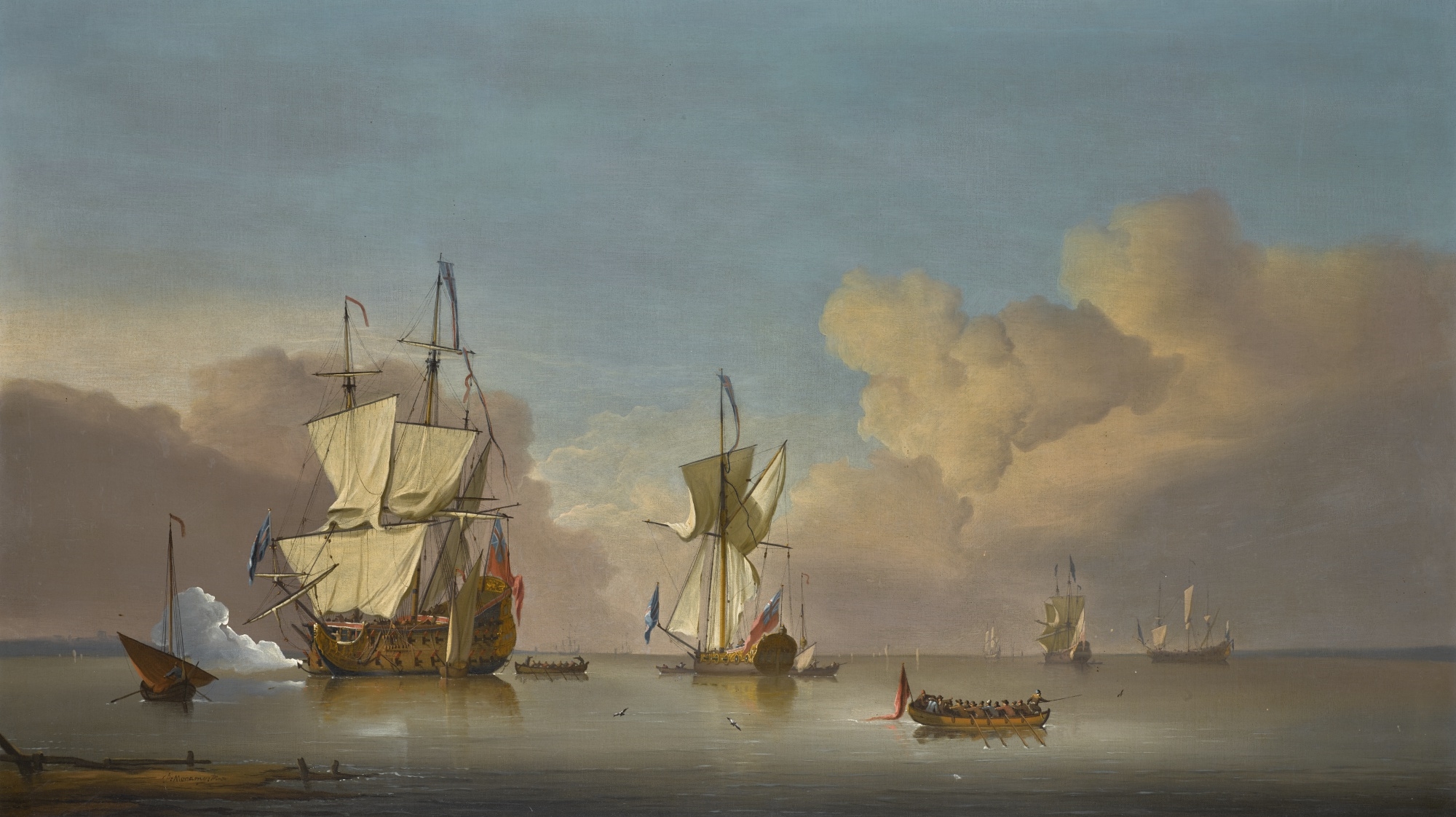 Peter Monamy | THE EVENING GUN: MEN-O'-WAR AND BARGES IN A CALM SEA ...