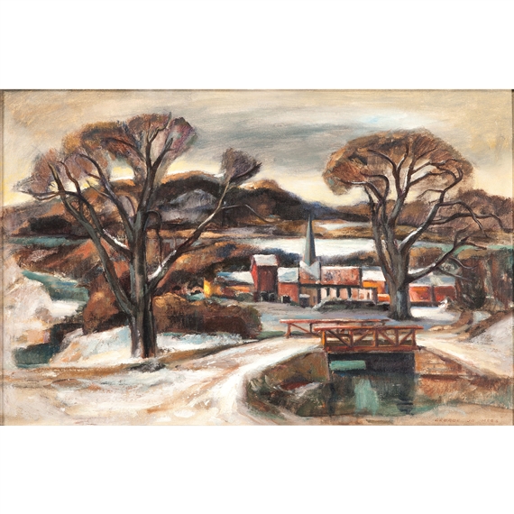 George Jo Mess | Winter Village Scene with Ohio River | MutualArt