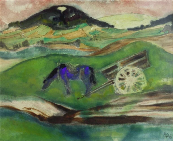 Max Kaus | Landschaft mit Pferd und Pferdekarren (1935) | MutualArt