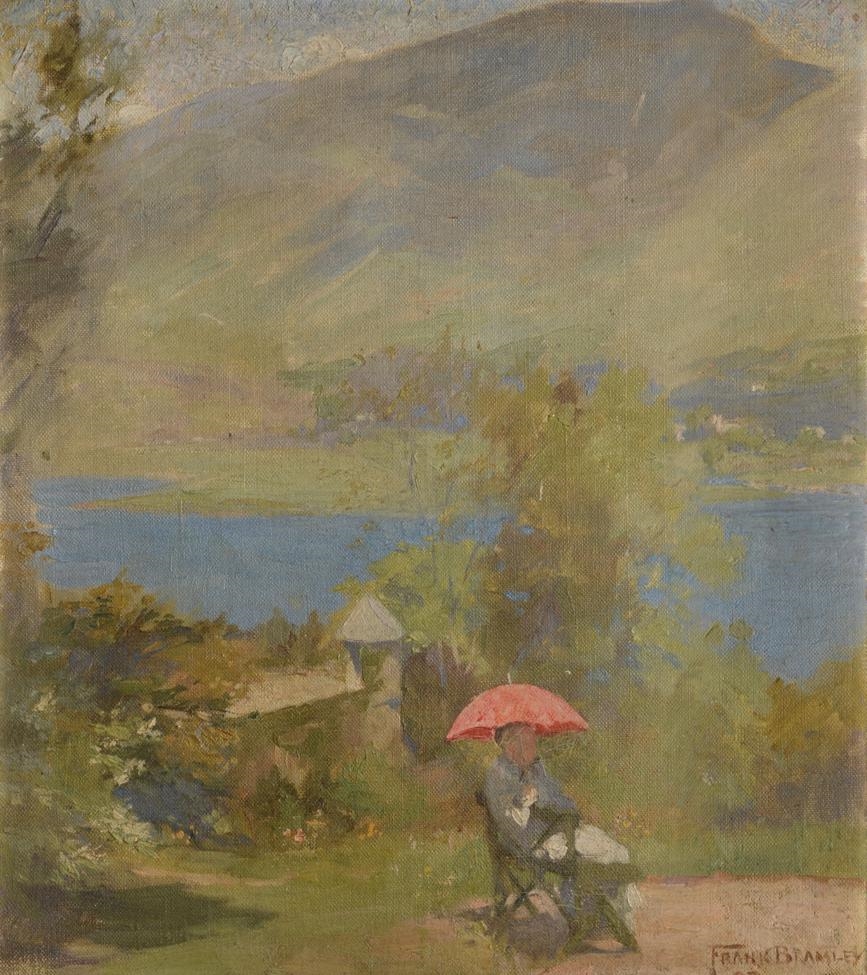 Frank Bramley | A figure sitting beneath a red parasol on the banks of ...