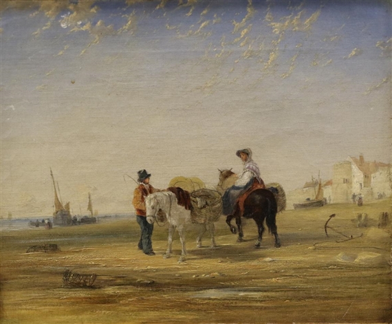 William Collins | Figures on a shoreline with loaded pack horses ...