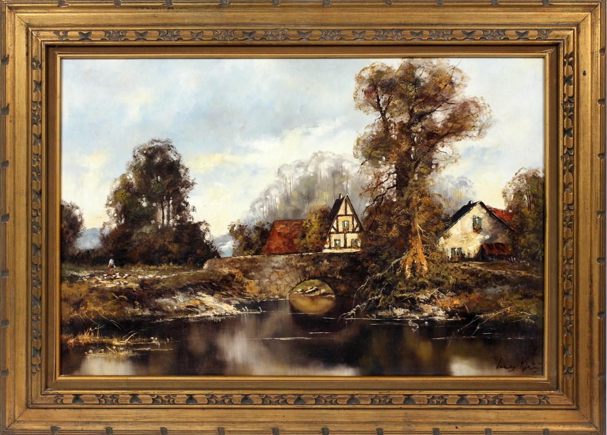 Ludwig Klein | Depicts a farm landscape, with a stone bridge over a ...