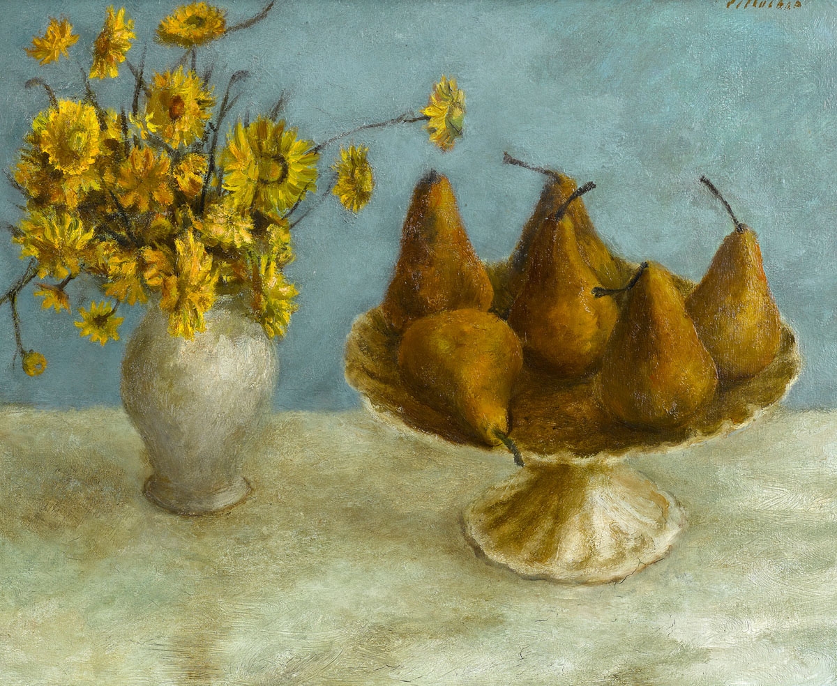 David Strachan | Still Life with Pears and Yellow Flowers | MutualArt