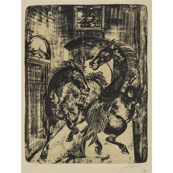 Hans Erni | Zwei Pferde vor dem Eingang zum Schloss La Sarraz. (1958) | MutualArt