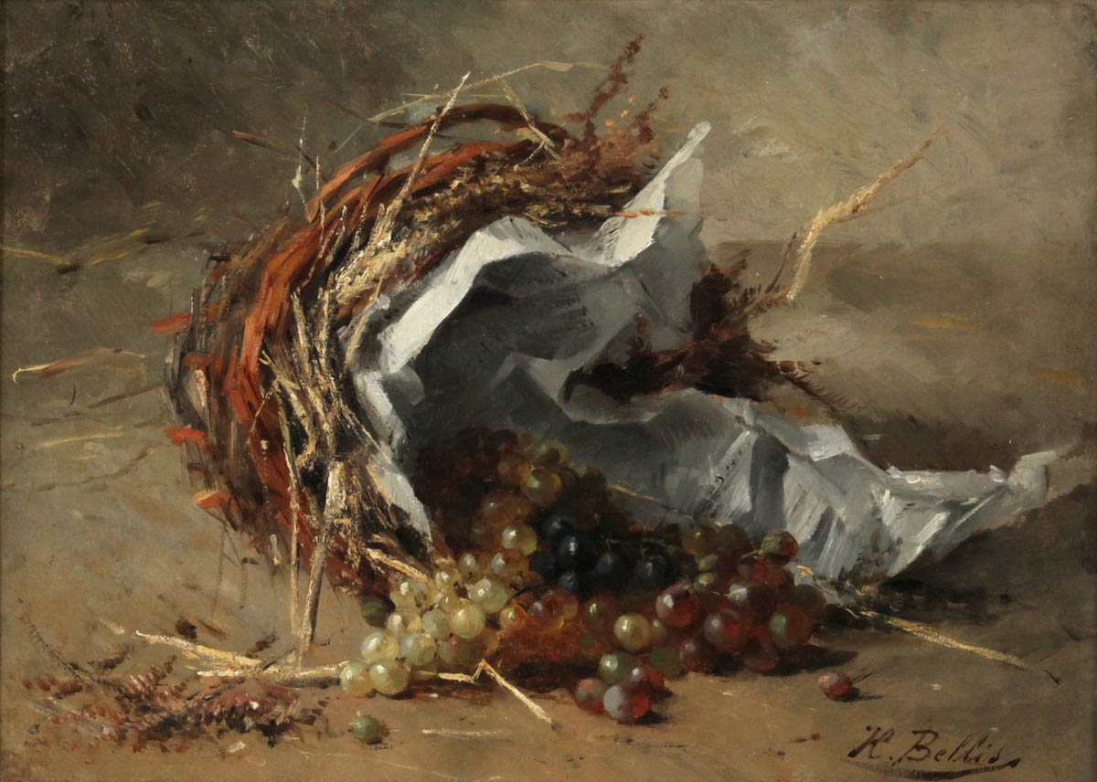 Hubert Bellis | Still life with grapes in a wicker basket | MutualArt