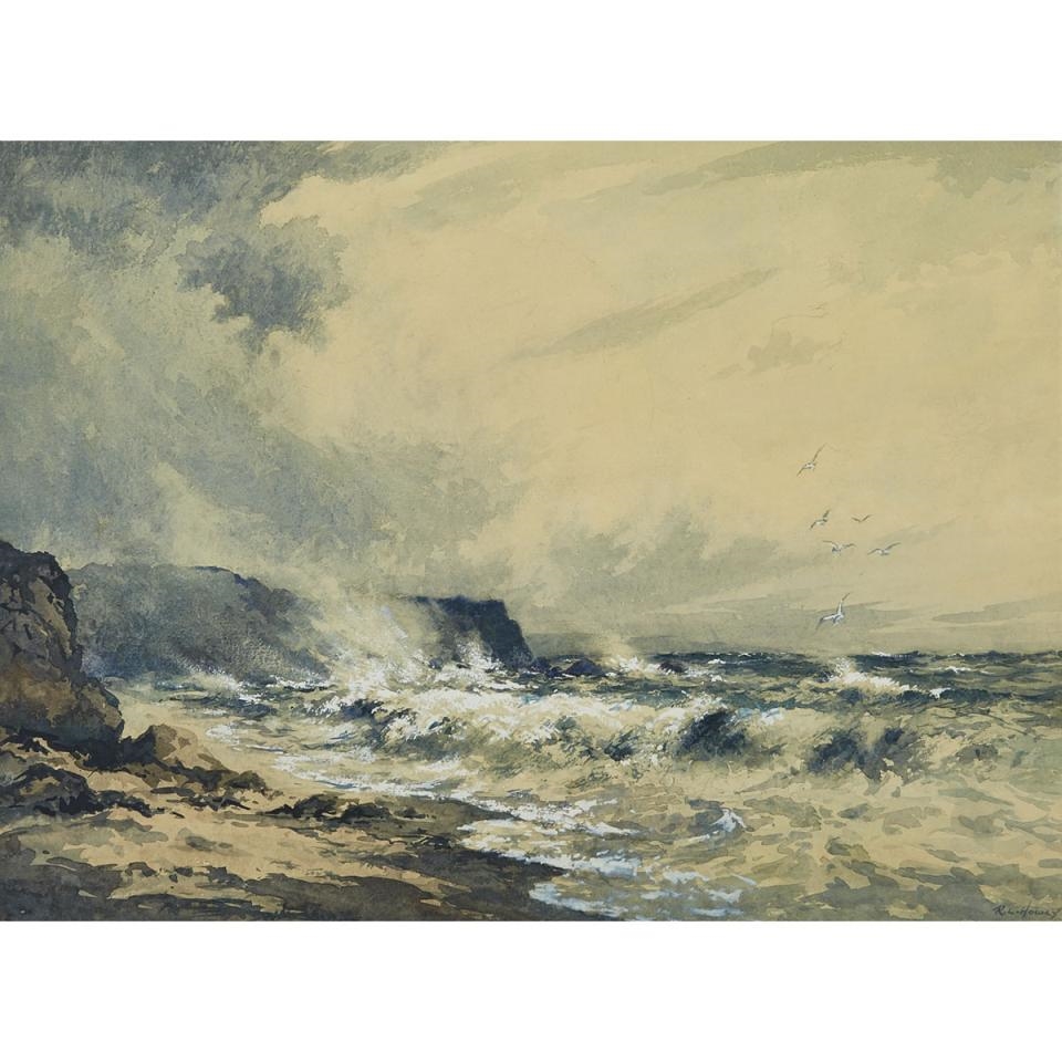 Robert Leslie Howey | Coastal Scene with Crashing Surf and Flock of ...