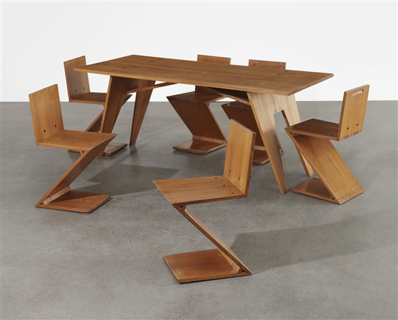 Gerrit Rietveld | ZIG-ZAG DINING TABLE AND SET OF SIX ZIG-ZAG CHAIRS | MutualArt