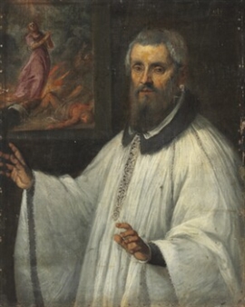 Venetian School, 16th Century | Portrait of a priest with a painting of ...