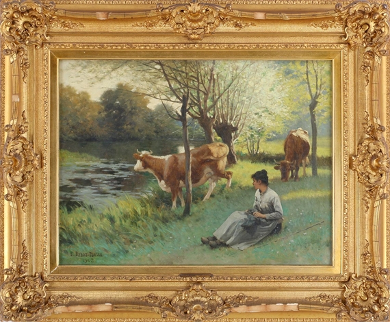 Édouard Bernard Debat-Ponsan | Woman seated near river with cows (1902 ...